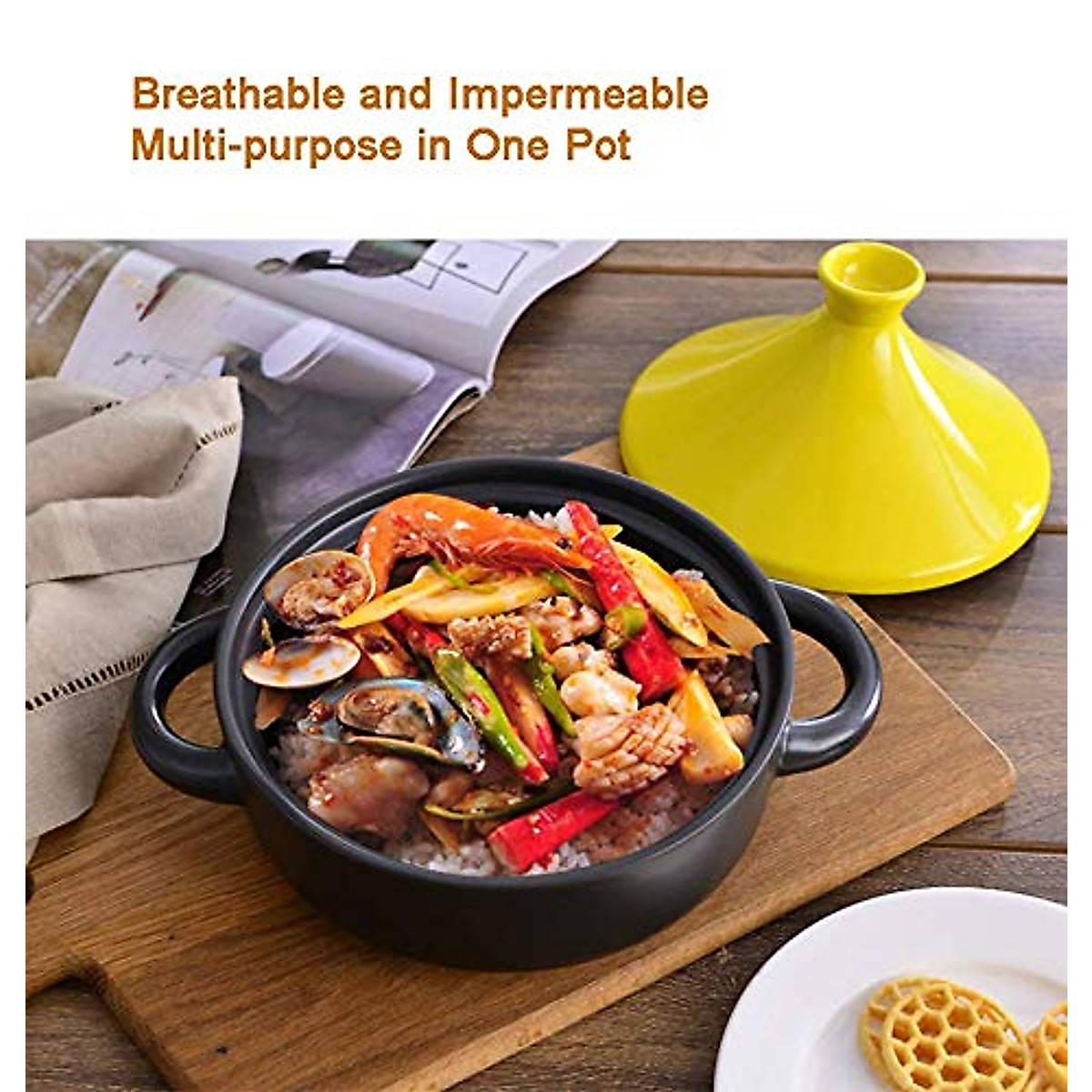 Tagine Pot with Handle, 20cm, Ceramic Pot, Casserole lid, Claypot Rice, High Temperature Resistance, Hand-Made Hand-Painted Taji Pot Slow Cooker Clay/Yellow