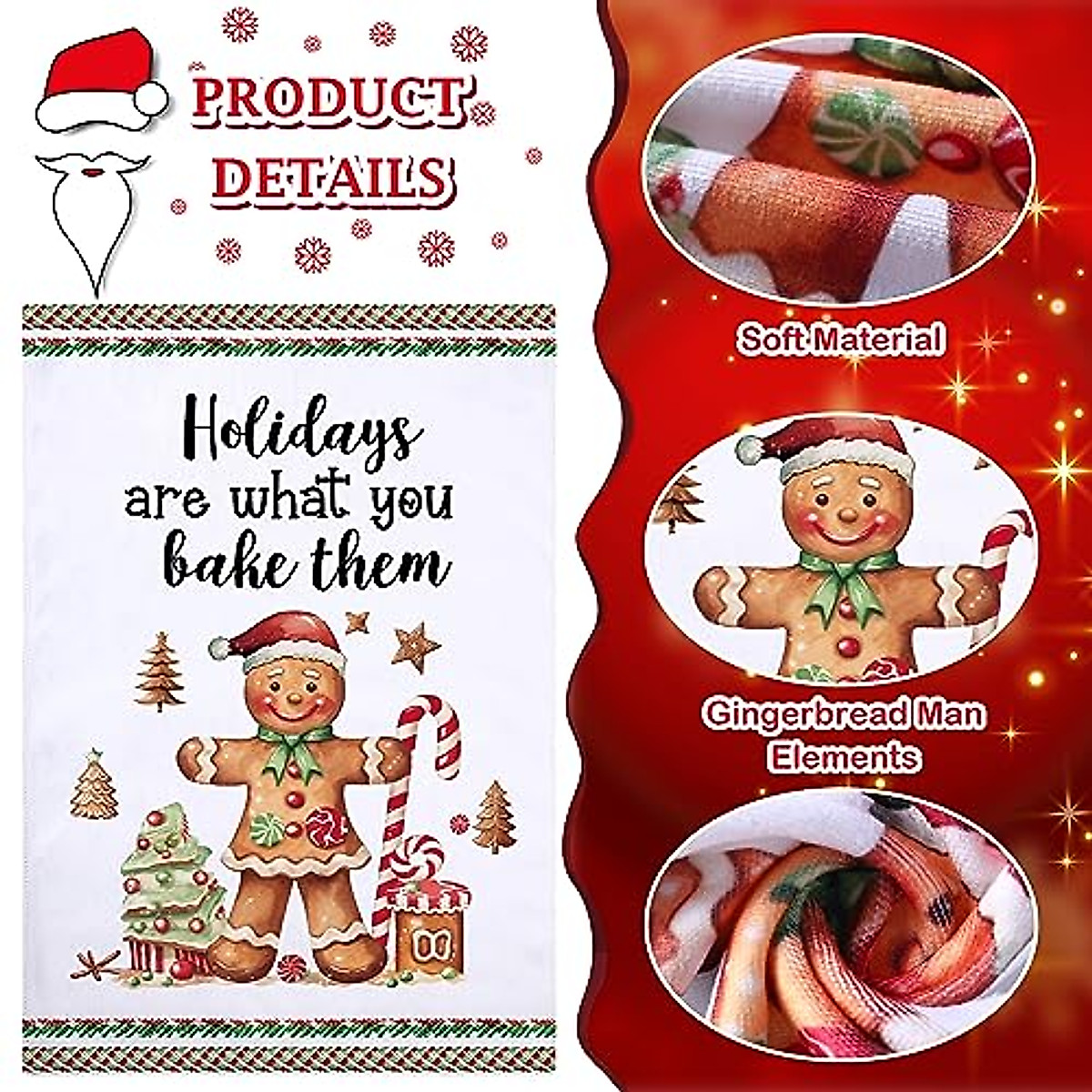 6 Packs Christmas Gingerbread Man Kitchen Hand Towels 12 x 18 Inch Gingerbread Man Kitchen Towels and Dish Towels Set Wash Cloths Towels for Christmas African Drying, Cleaning, Cooking Baking