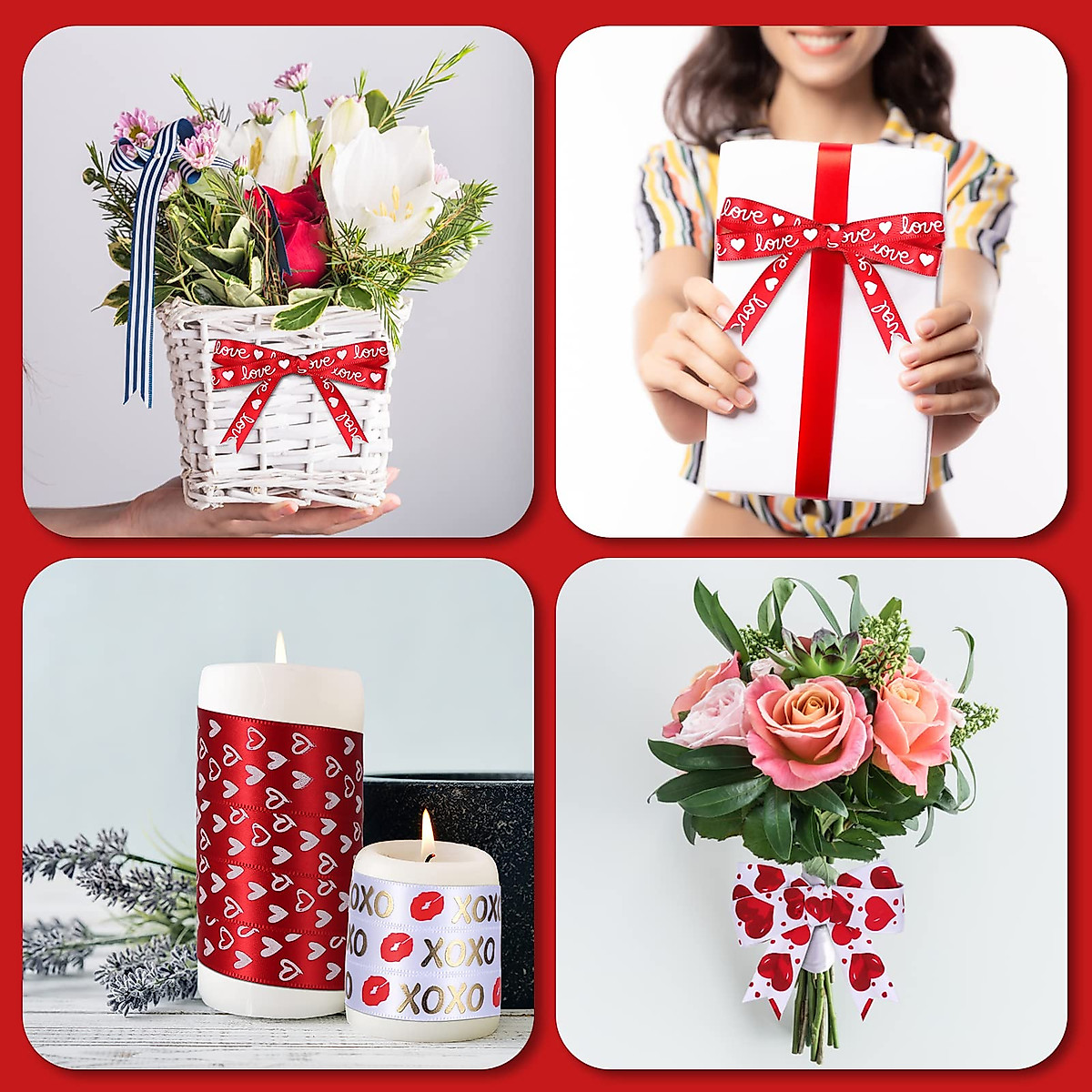 8 Rolls Hearts Ribbon Set, Valentine's Day Satin Ribbons, Printed Heart Ribbons for Gift Wrapping, Wedding Birthday Party Decorations, Crafts DIY Supplies(10mm/16mm/25mm in Width)