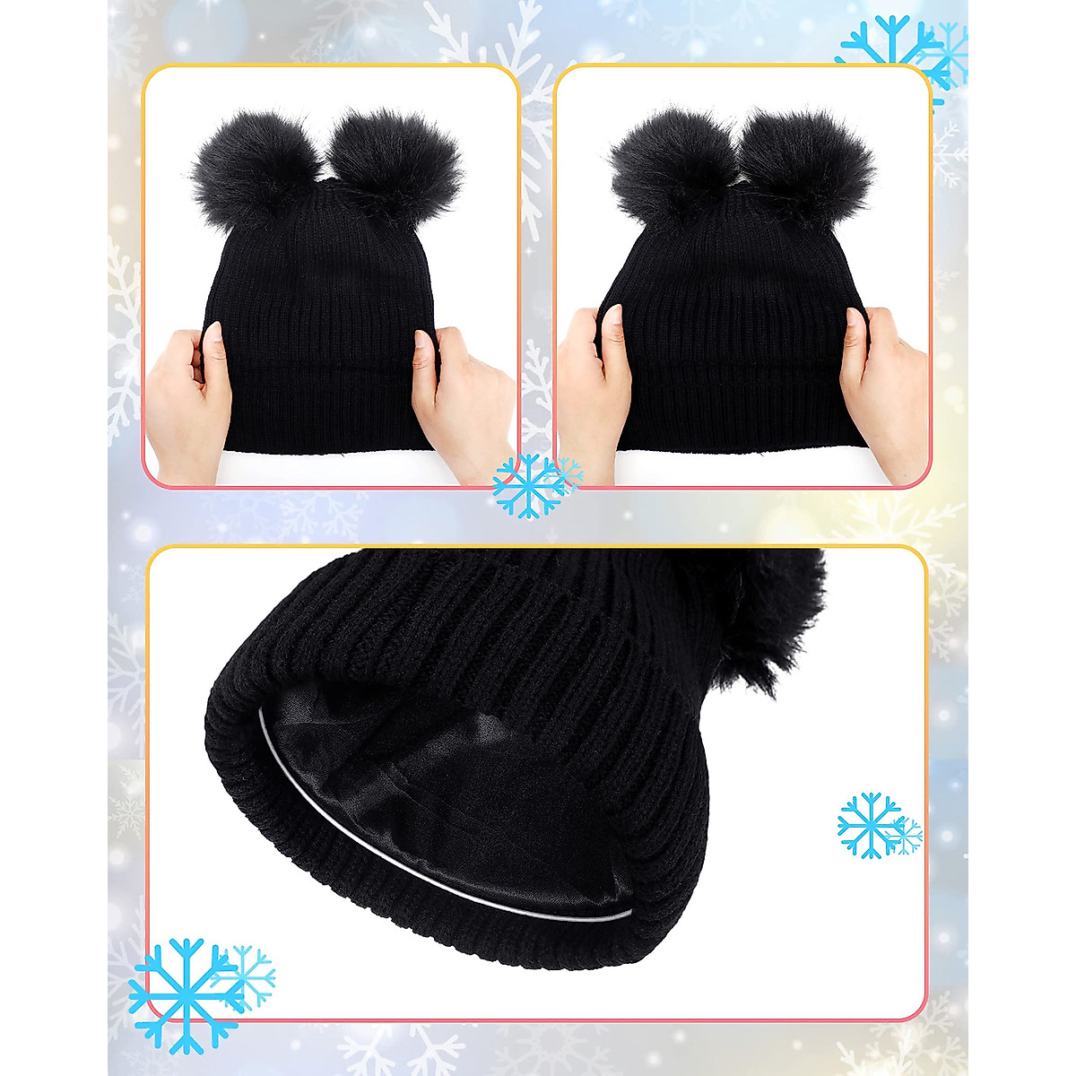 2 Pieces Satin Lined Winter Hats Women Pom Beanies Winter Knitted Pom Hat Touchscreen Gloves Set for Women Girls
