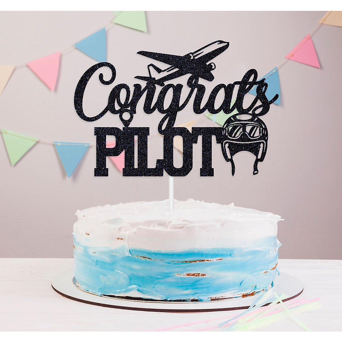 Congrats Pilot Cake Topper, Future Pilot/USAF Cake Decor, Class of 2024 Air Force Academy Graduation Party Decoration Supplies, Black Glitter