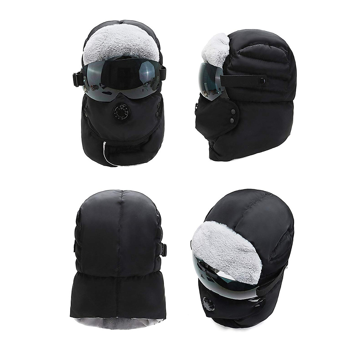 Windproof Full Cover Balaclava with Glasses Men Women Winter Thermal Plush Lining Ski Camping Full Hood Earflap Cap Snowproof Hunting Trapper Hat Cycling Bike Ushanka Russian Hat Black