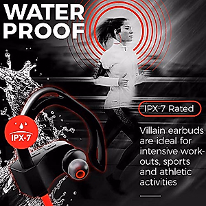 Villain Sport Headphones | Running Headphones | Workout Headphones | Gym Headphones | Wireless Bluetooth Earbuds IPX7 HiFi HD Sound with Thumping Bass