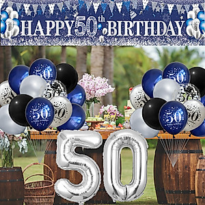 50th Birthday Party Decorations Navy Blue Silver Happy 50th Birthday Yard Banner with 61pcs Latex Balloons Foil Number 50 Balloons Backdrop for Men Women Birthday Anniversary Party Decor Supplies