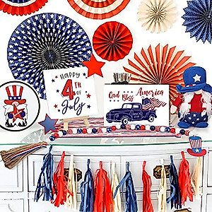 Patriotic Decorations, 5Pcs 4th of July Tiered Tray Decor, Farmhouse 3 Independence Day Decor Wood Signs, Gnome Plush and Bead Garland, Truck Full of Memorial Day Decor for Home Table Kitchen Office