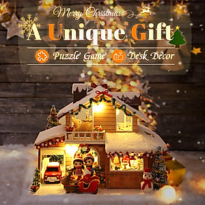 DIY Miniature Dollhouse Kit, 3D Wooden Puzzle Christmas Tiny House Model Kit with Music Box LED Light Dust Proof Cover, 3D Wooden Puzzle for Adults Couple, Handmade Crafts Home Decor Gift (Snow Villa)