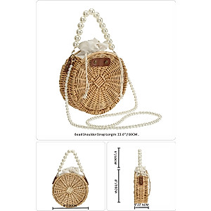So'each Women Handmade Rattan Wicker Woven Artificial Pearl Circle Shoulder Bag