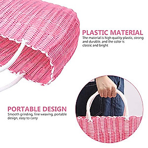 Housoutil Woven Grocery Bag, Plastic Market Basket Reusable Shopping Bag with Handle, Tote Bag Fruit and Vegetable Bags- Pink(About 35.00X24.00X14.00cm; 13.76X9.43X5.50in)