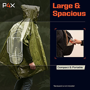 PREPARED4X Emergency Rain Poncho with Mylar Blanket Liner for Car - Heavy Duty, Waterproof Camping Gear, Survival Tactical Prepper Supplies– 4 Pack (Green)
