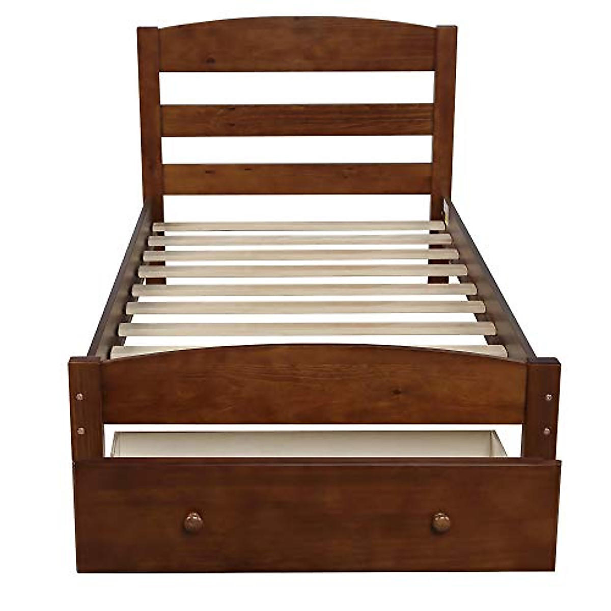 Platform Twin Bed Frame with Storage Drawer and Wood Slat Support No Box Spring Needed (Walnut)