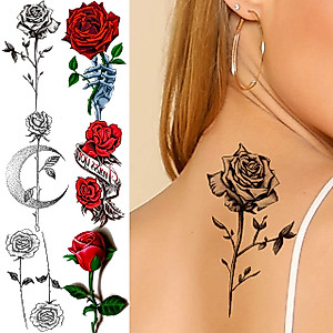 EGMBGM 24 Sheets Black Sketch Rose With Snake Temporary Tattoos For Women, Sexy Red Rose Branch Crescent Moon Tattoo Sticker For Girls, Waterproof Arm Leg Neck Fake Flowers Tattoo Temporary Tatoo Kit