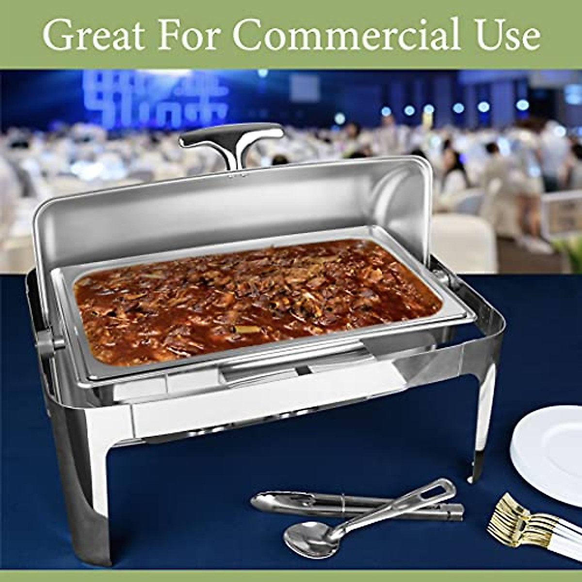 8 Qt Full Size Roll Top Chafing Dish Bundle Stainless Steel - 1 Full Size and Food Pans, 1 Water Pan, 1 Sectional Food Pan, 1 Tung and 1 Serving Spoon - Fuel Holders and Lid + Free Apron,