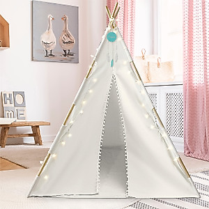 Teepee Tent for Kids - Indoor Tent, Pompon Ball Design, Built-in Mat, Inner Pockets, Window, LED Star Lights, Dream Catcher, Unique Threaded Poles - Strong Foldable Play Tent for Girls & Boys.