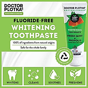 Dr Plotkas Natural Fluoride Free Whitening Toothpaste by Mouthwatchers | Organic Propolis and Fresh Organic Mint | Sensitive Teeth and Gums | 3 Oz. Tube