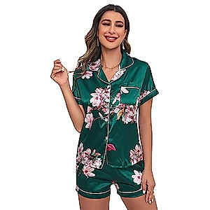 WDIRARA Women's Sleepwear 2 Piece Satin Floral Print Short Sleeve Shirt and Shorts Silk Pajama Set Green XL