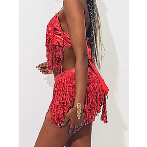 Kakaco Belly Dance Skirt with Crop Top Sequins Fringe Skirts Set Rave Dance Bra Top Party Costume Outfits for Women and Girls (A-Red)