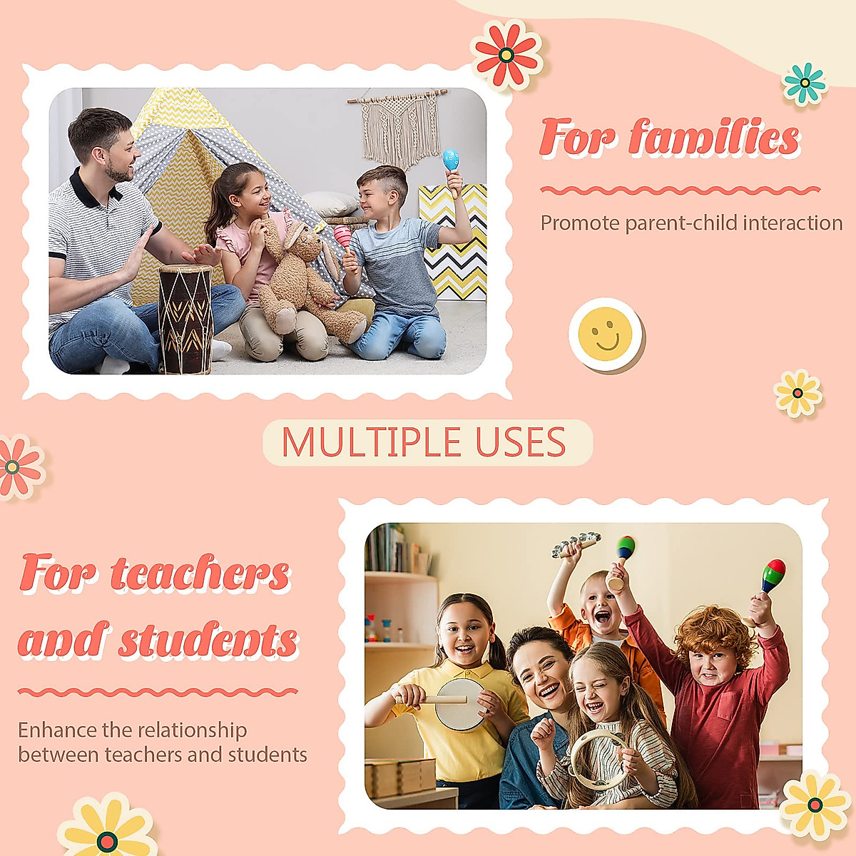 Leitee 6 Pcs DIY Mini Wooden Maracas Rattles Egg Shaker Kids Musical Party Favor Baby Shaker Sand Hammer Toy, Assorted Designs, Maracas for Kids, Party Favor