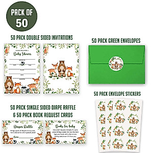 Yuzioey 50 Woodland Baby Shower Invitations, Forest Woodland Greenery Invitations Macthing Envelpoes, Diaper Raffle Tickets, Book Request Cards, Forest Creatures Invitations