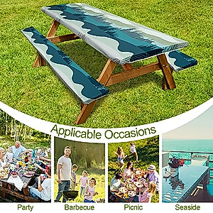 Picnic Table Cover with Bench Covers Camping Essentials Waterproof Windproof Camping Tablecloth with Drawstring Bag, Fitted Rectangle Tables and Seats, 96in, Green Blue