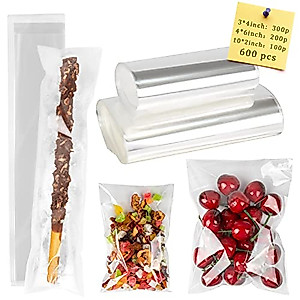 Labeol Self Sealing Cellophane Bags 600pcs 3 Sizes 3x4 4x6 2x10 Clear Plastic Bags for Packaging Pretzel Cookie Candy Favor Gift Small Treat Bags Goodie Bags Cello Bags¡­