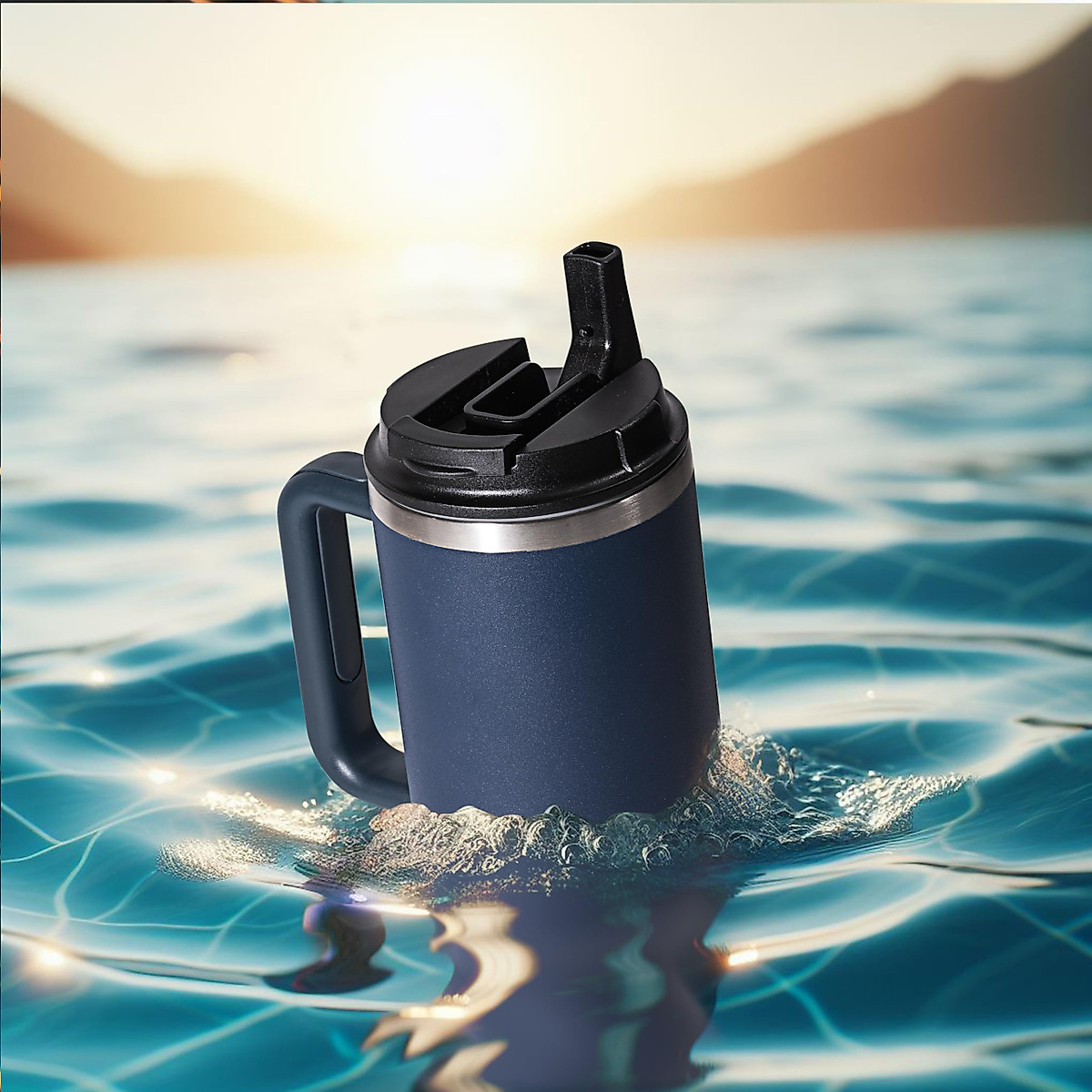 Klickpick Home 40 Ounce Stainless Steel Vaccum Insulated Thermal Tumbler With Handle Lid 2 straws, Reusable Travel Coffee Mug Cup Cupholder friendly, Keeps cold for 30 H, 100% Leakproof (Navy Blue)