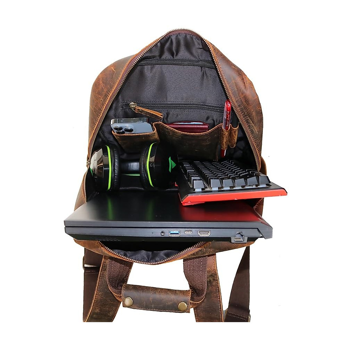 jaald 22" Genuine Leather laptop backpack rucksack multipocket computer bag for men