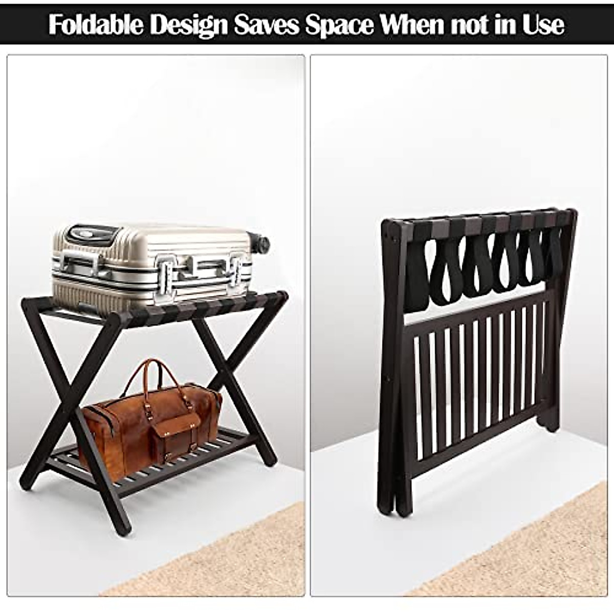 Purbambo Luggage Rack, Bamboo Folding Luggage Rack Suitcase Stand with Storage Shelf for Home Bedroom Guest Room - Brown