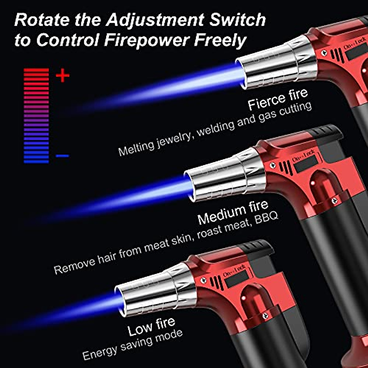 2 Pack Butane Torches Culinary Blow Torch Lighter, Refillable Kitchen Cooking Torch with Safety Lock Adjustable Flame for BBQ, Creme Brulee, Baking, Crafts (Butane Gas not Included) (Red/Blue)