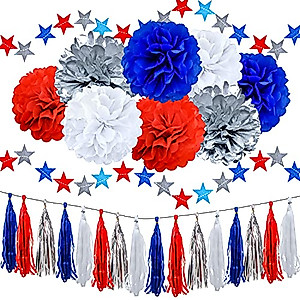 PheiLa 30 Pcs Tissue Paper Pom Poms Red White Navy Blue Silver Tassels Garland Glitter Stars Paper Garlands Patriotic Decorations Nautical Party Supplies Photo Booth Props Backdrop Door Wall Decor