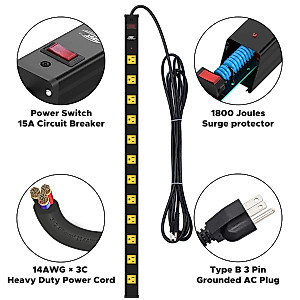 CRST Heavy Duty Surge Protector Power Strip Wide Spaced 12-Outlet 15 Feet Long Extension Cord with Mounting Brackets 15A Circuit Breaker 1800 Joules…