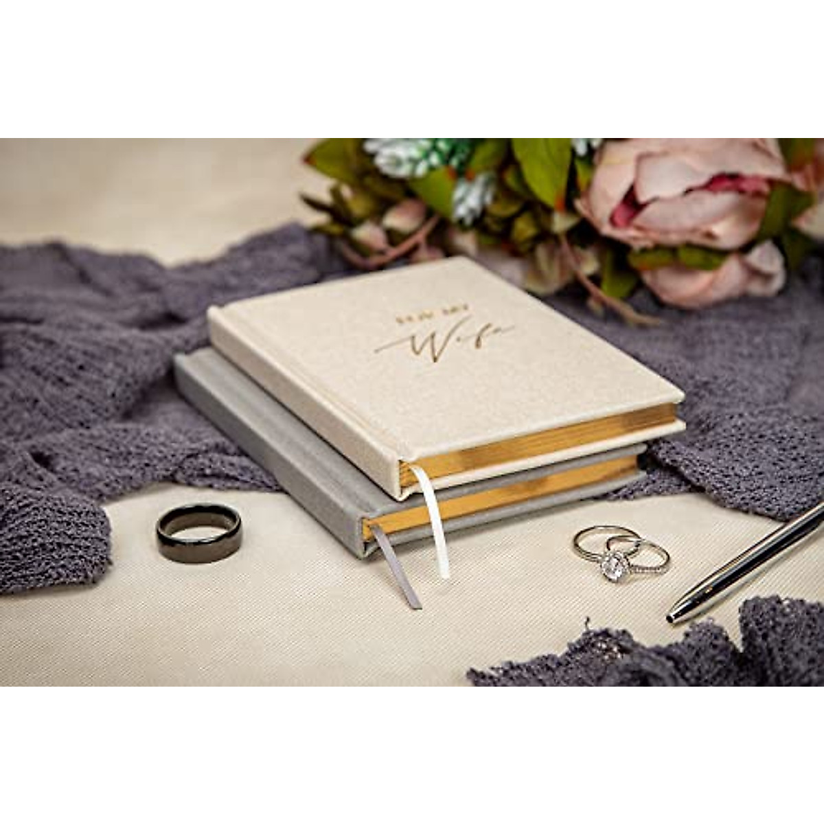 MUUJEE for My Husband and for My Wife Vow Books (Set of 2) - Grey and Ivory Gold Foil Embossed Vows Book Journal for Wedding Ceremony Vow Renewal Valentines Day Gift for Husband Wife