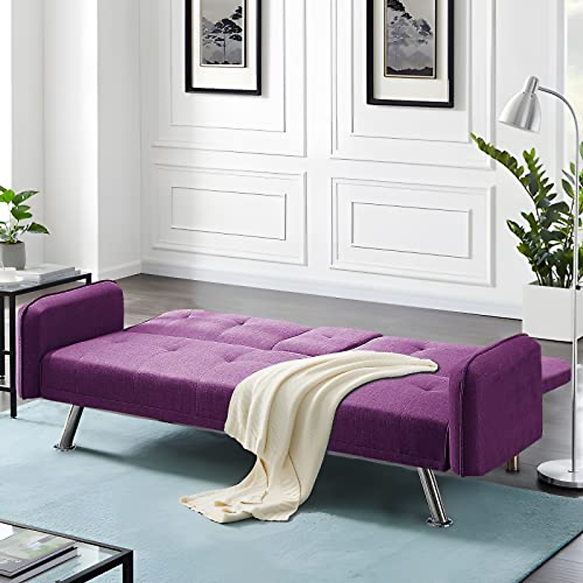 DKLGG Futon Sofa Bed Convertible Sofa Couch, Modern Loveseat Sleeper Futon Couch with 2 Cup Holders, Convertible Folding Sofa Bed Small Couch for Living Room, Bedroom, Apartment or Dorm(Purple)