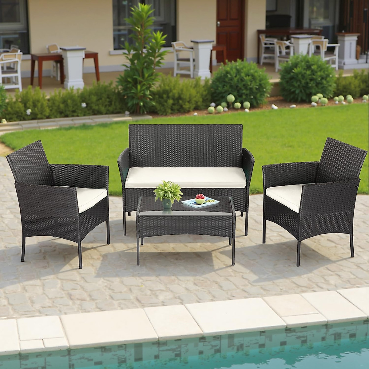 FDW Patio Furniture Set 4 Pieces Outdoor Rattan Chair Wicker Sofa Garden Conversation Bistro Sets for Yard,Pool or Backyard