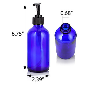 8 oz Cobalt Blue Boston Round Glass Bottles (2 Pack) with Two Closures: Black Lotion Pump and Phenolic Caps