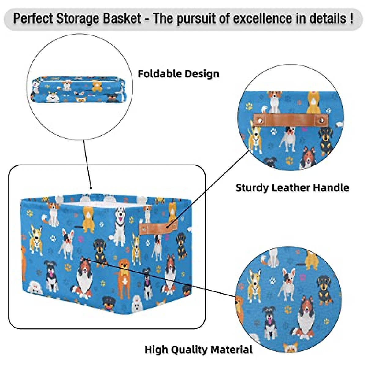 Pardick Animal Dog Breed Paw Storage Basket Storage Cube Bins Cute Puppy Print Canvas Collapsible Toy Basket Organizer Waterproof Laundry Box with Handle for Shelf Closet Office Bedroom, 2PCS