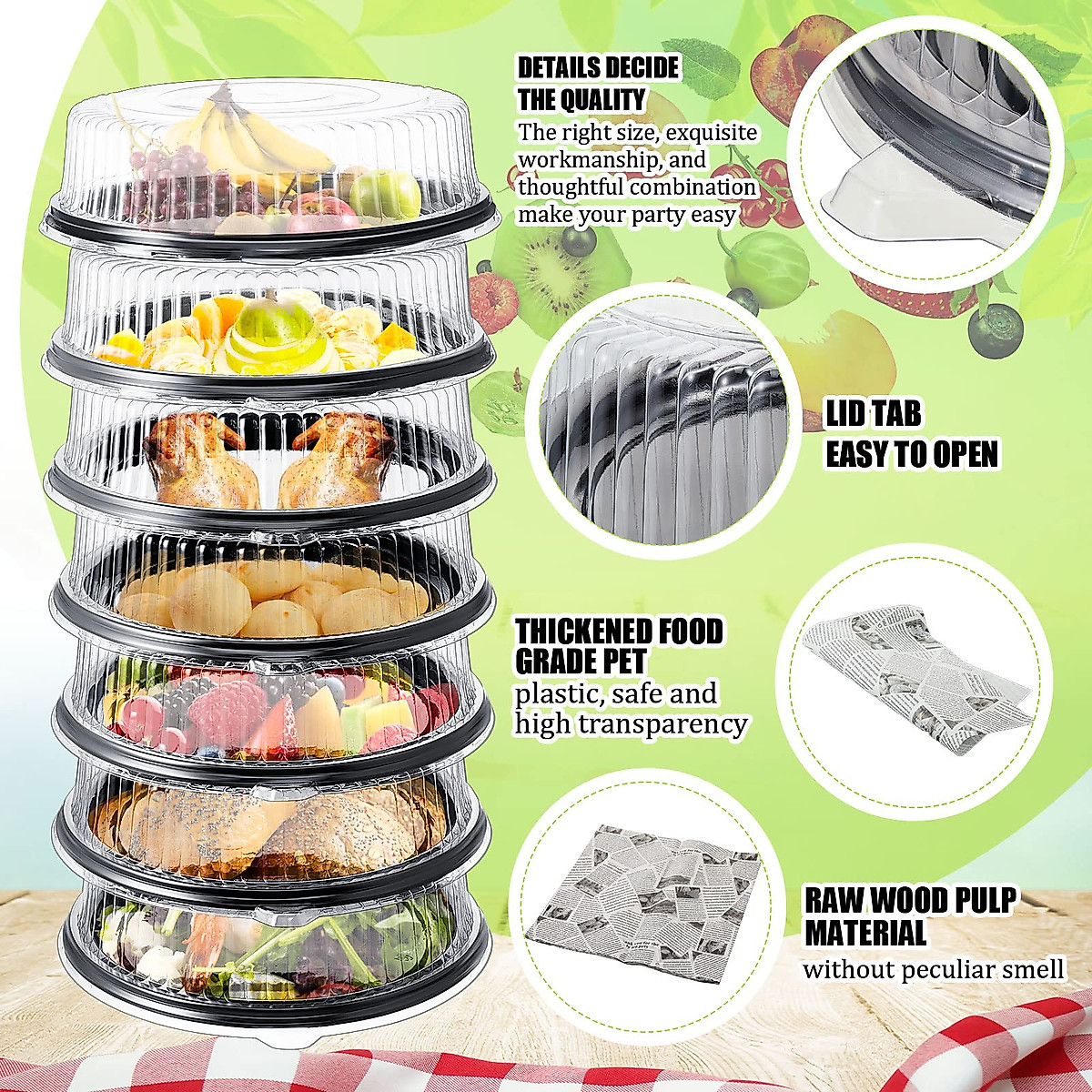 Tessco 24 Pcs 16 Inch Plastic Catering Trays with Lids and 48 Pcs Deli Wax Paper Sheets Set Large Veggie Tray Black Serving Trays for Party Sandwich Wrapping Paper Round Food Cookie Platter