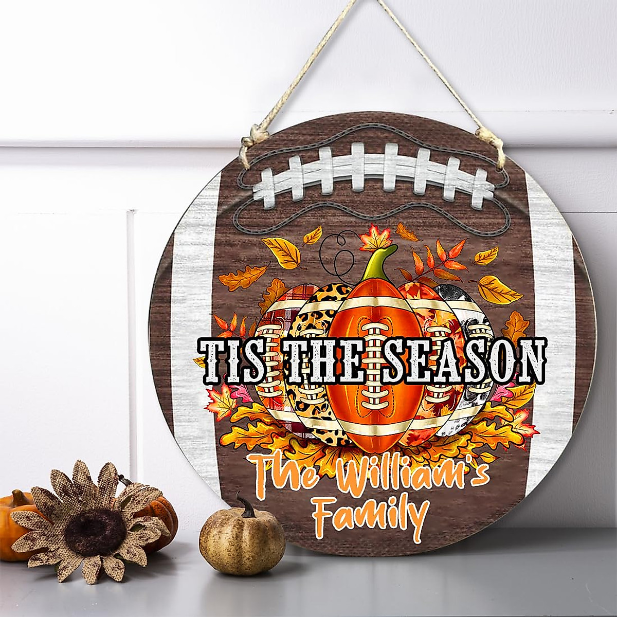 Personalized Football Door Hanger Fall Sign Custom Text Wooden Tis the season Front Door Sign Front Porch Decor Fall Welcome Sign Football Fall Hanging Decorations Autumn Thanksgiving Christmas Seasonal Decor