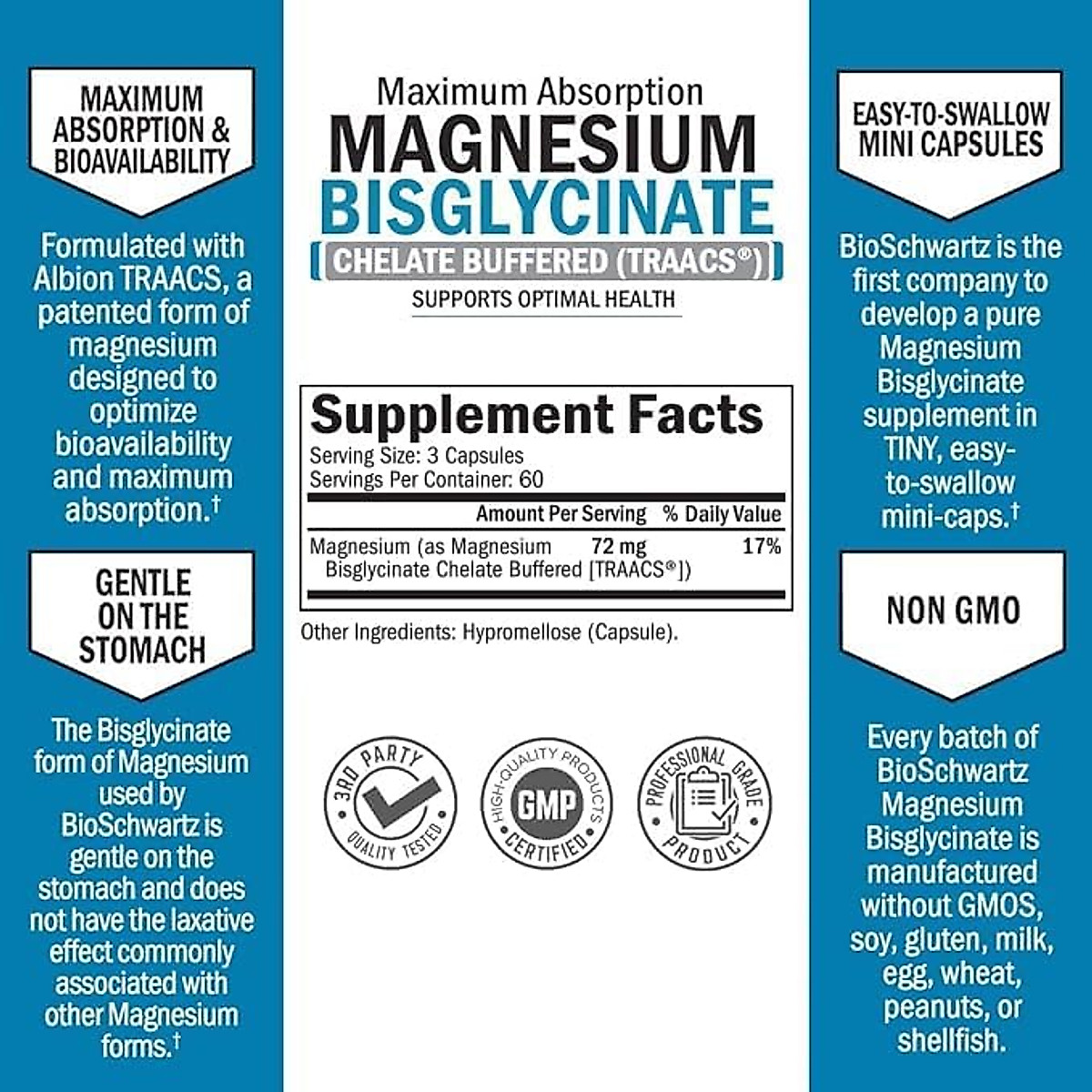 Magnesium Bisglycinate Chelated Supplement - High Absorption Magnesium Supplement for Muscle, Bone & Joint Support - Non-GMO, Non-Laxative, Fully Buffered for Maximum Bioavailability - 180 Capsules