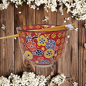 Needzo Red Floral Bowl with Chopsticks Holder and Wood Chopstick Set, Dish for Ramen, Pho, Soup, 5 x 4 Inches