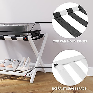 Smart FENDEE Fully Assembled White Bamboo Luggage Rack, 5 Straps Folding Suitcase Stand with Shoe Shelf, Heavy Duty Wood Large Luggage Holders for Guest Room, Bedroom, Hotel