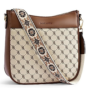 BOSTANTEN Crossbody Bags for Women Trendy Vegan Leather Hobo Purses Shoulder Handbags With Wide Shoulder Strap Coffee with Beige