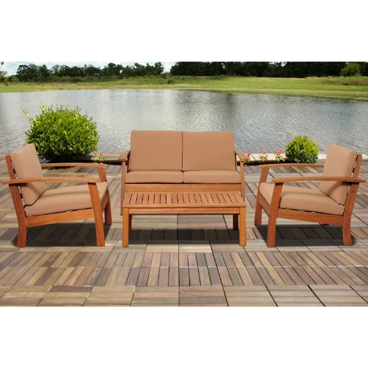 Kevin Amazonia Murano 4-Piece Patio Seating Se SC KINGS4DEEP_KH | Eucalyptus Wood | Ideal for Outdoors and Poolside, 118Lx42Wx36H, Khaki