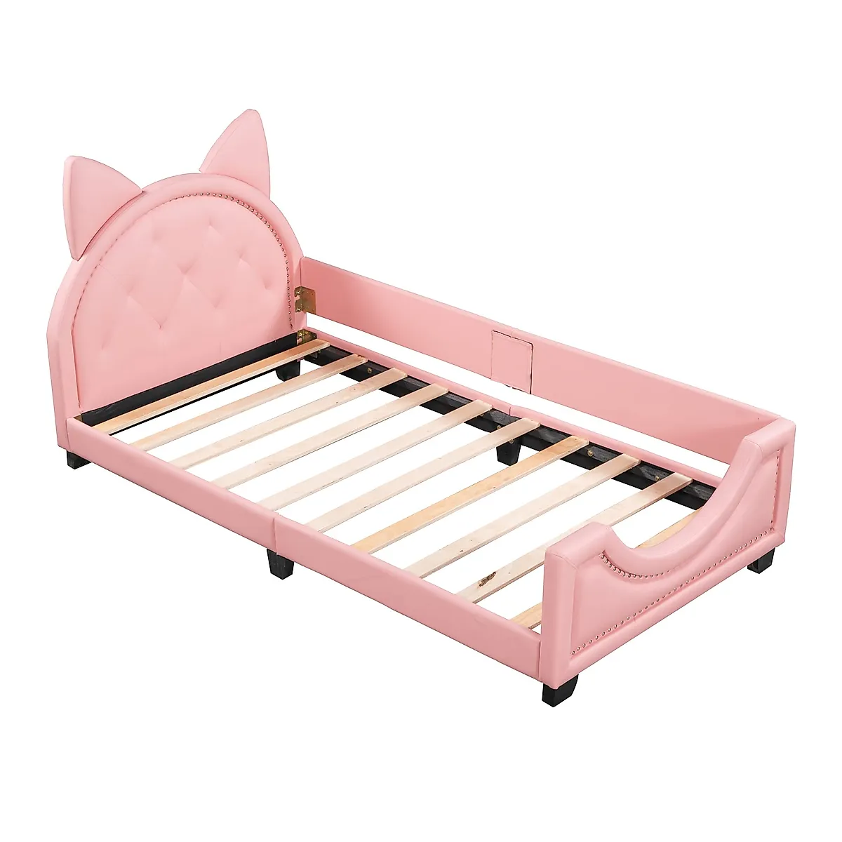 Merax Twin Size Upholstered Daybed with Bunny Ears Headboard, Platform Bed Frame for Kids, Child's Bedroom, No Box Spring Needed, Pink