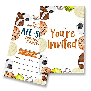 EUDOSI Colorful Sports Theme Birthday Party Invitations Supplies Fill-In Set of 20 with Envelopes Football Baseball Basketball Sports Birthday Bash Invites Cards, Double Sided