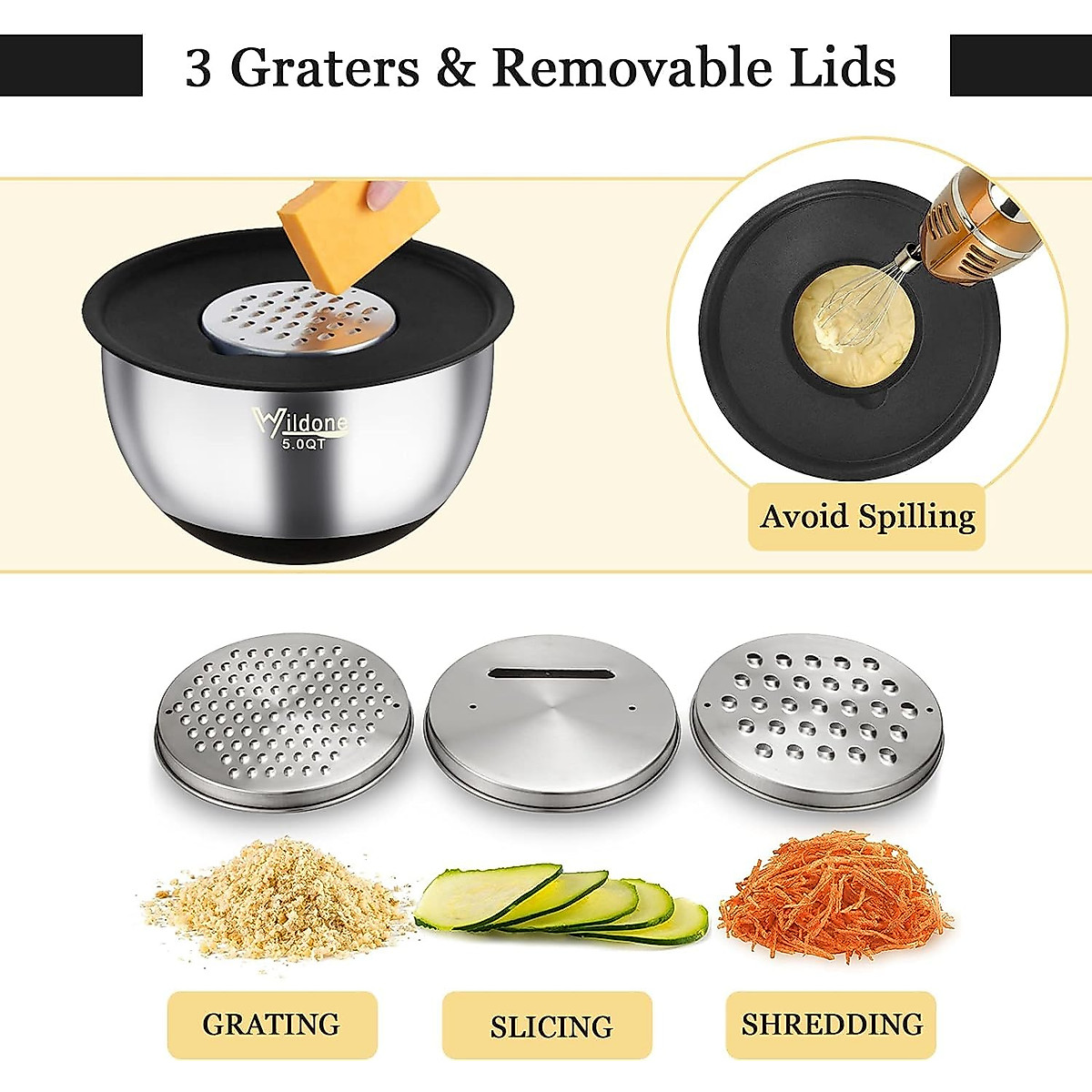 Wildone Mixing Bowls with Airtight Lids, 22 PCS Stainless Steel Nesting Bowls, with 3 Grater Attachments, Scale Marks & Non-Slip Bottom, Size 5, 4, 3, 2,1.5, 0.63QT, Ideal for Mixing & Prepping