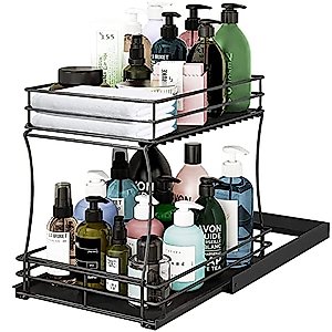 MUUBOOX Under Sink Cabinet Organizer Storage,Pull Out Cabinet Organizer with 2 Tier Pull Out Sliding Shelf with Protective Shelf Liners for Kitchen Bathroom Cabinet 11.6Wx15.8Dx13.3H-Inch (Black)