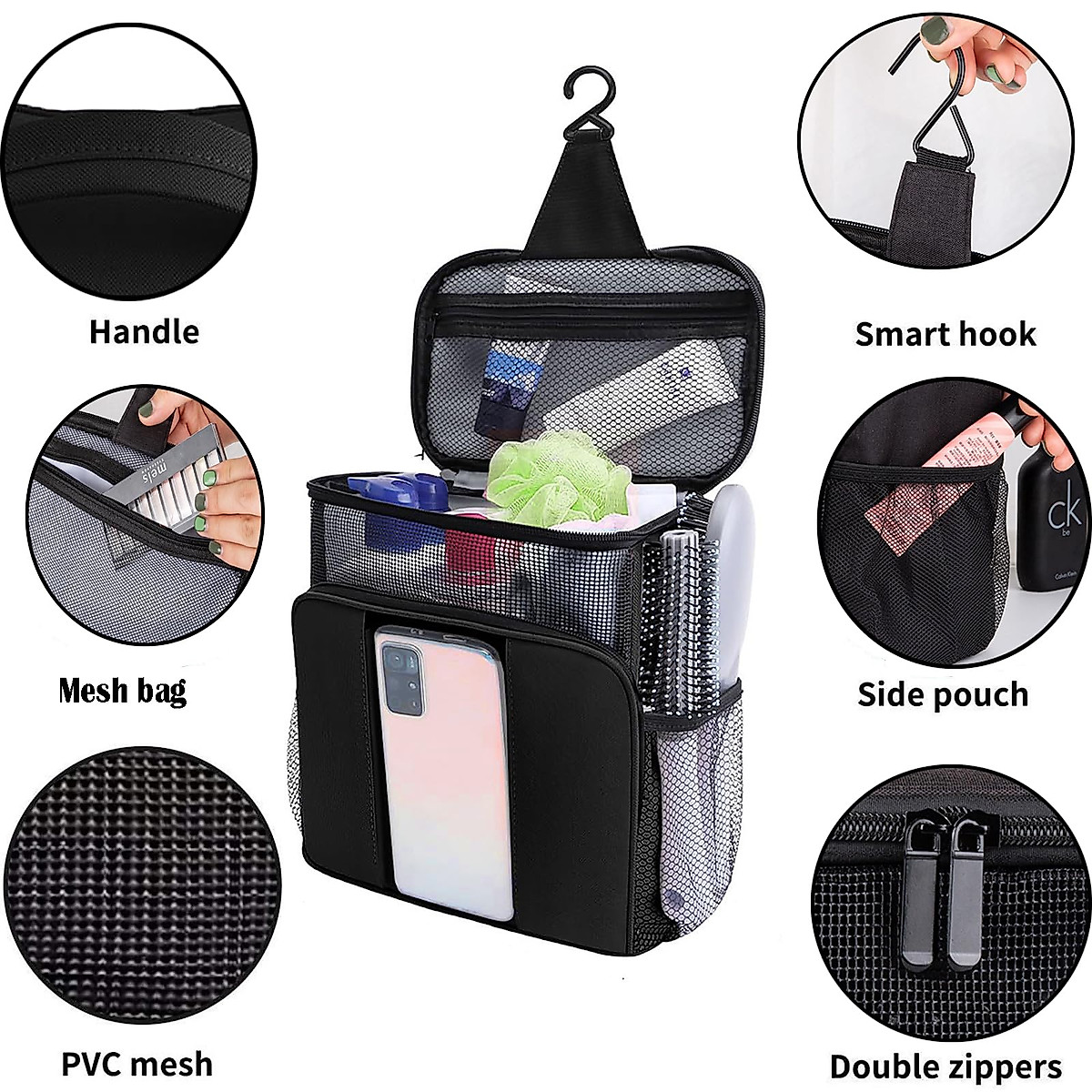 ZJSTRO Portable Shower Caddy,Dorm Room Essentials for guys girls,Hanging Toiletry Bag,College Tote Bag,Mesh Shower Caddy For Dorm,Camping,Gym,Women Men Travel Shower Bag-Black