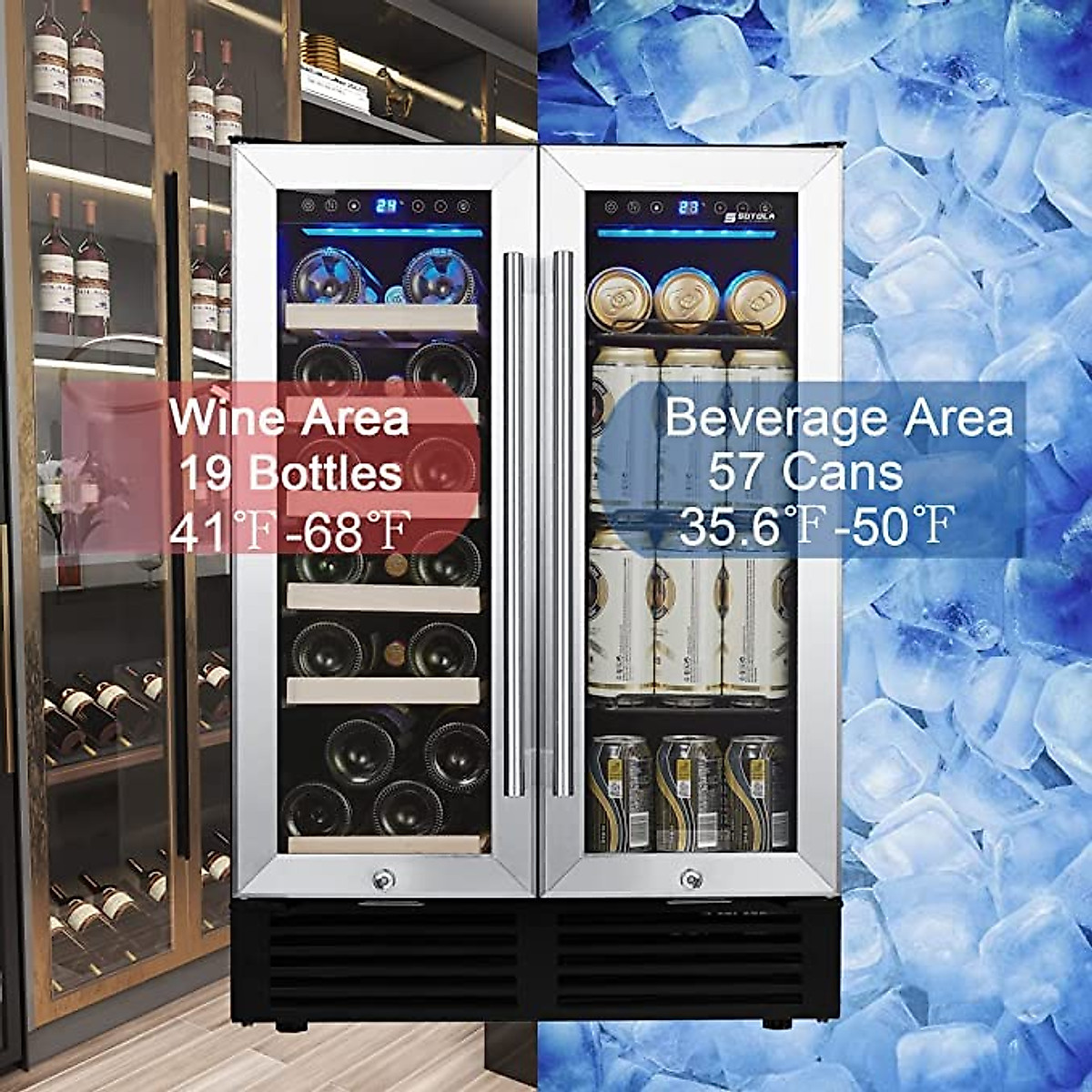 Beverage and Wine Refrigerator, Freestanding or Built-in 24 inch Wine Fridge Dual Zone Wine Cooler with Tempered Glass Door and Temperature Memory Function Wine Cellars for 19 Bottles and 57 Cans