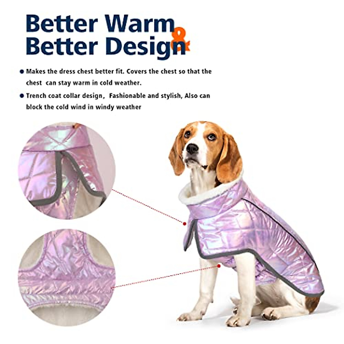 Dog Winter Coat, Christmas Dog Jacket with Trench Coat Collar Design, Waterproof Dog Sweater with Harness Hole & Reflective Stripes, Warm Pet Vest for Small Medium Extra Large Dogs (Purple, M)