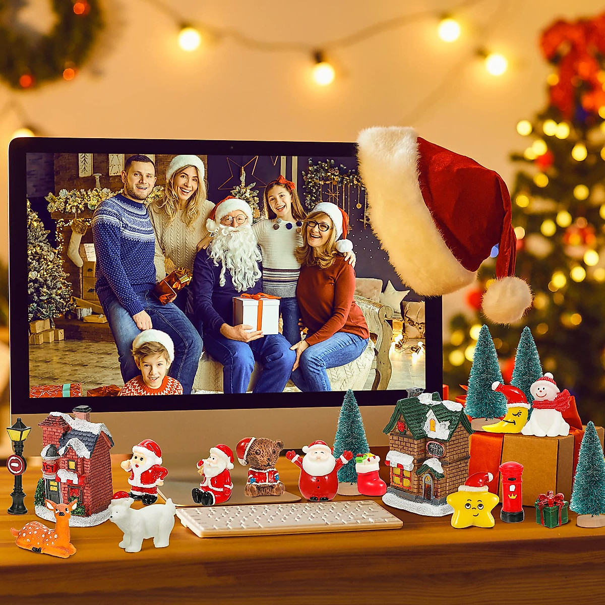 44 Pieces Christmas Light up Village Houses LED Lights Christmas Village Scene Display Tiny Resin Fairy Figurines Accessories Miniature Ornaments for Collection Table Decor